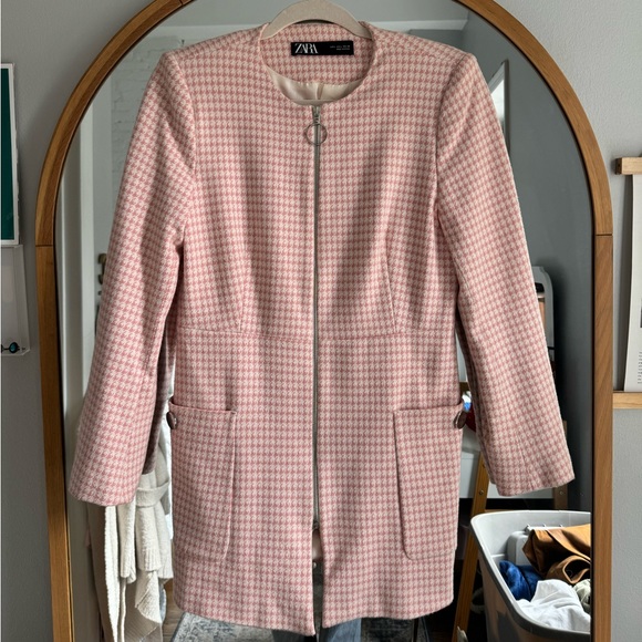 Zara | Jackets & Coats | Zara Pink Houndstooth Jacket | Poshmark